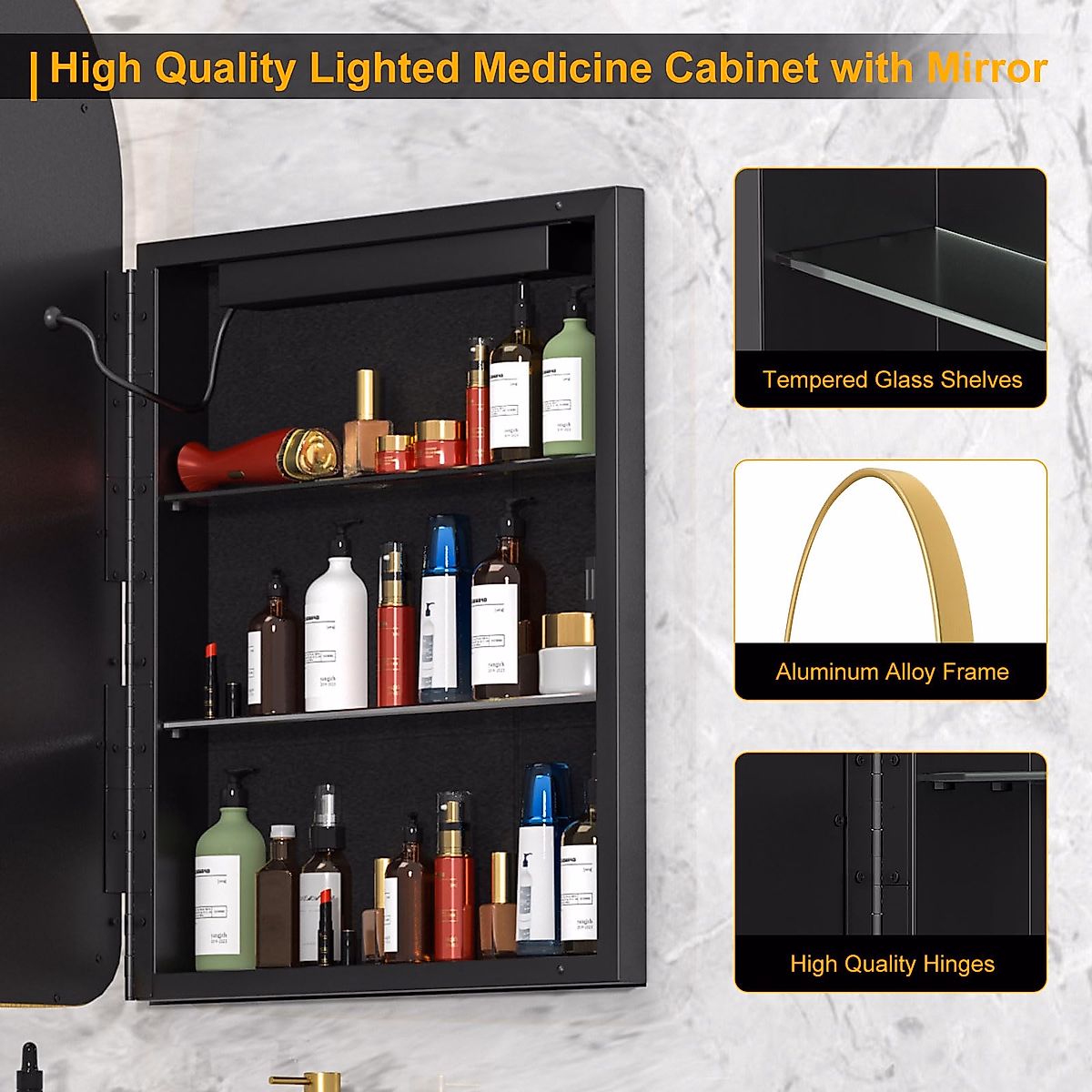 Mepplzian Lighted Arched Medicine Cabinet,Gold Medicine Cabinet Mirror,Recessed Medicine Cabinet with Mirror,Led Medicine Cabinet Mirror for Bathroom,Medicine Cabinet with Lights,Wall Mounted,20x31''