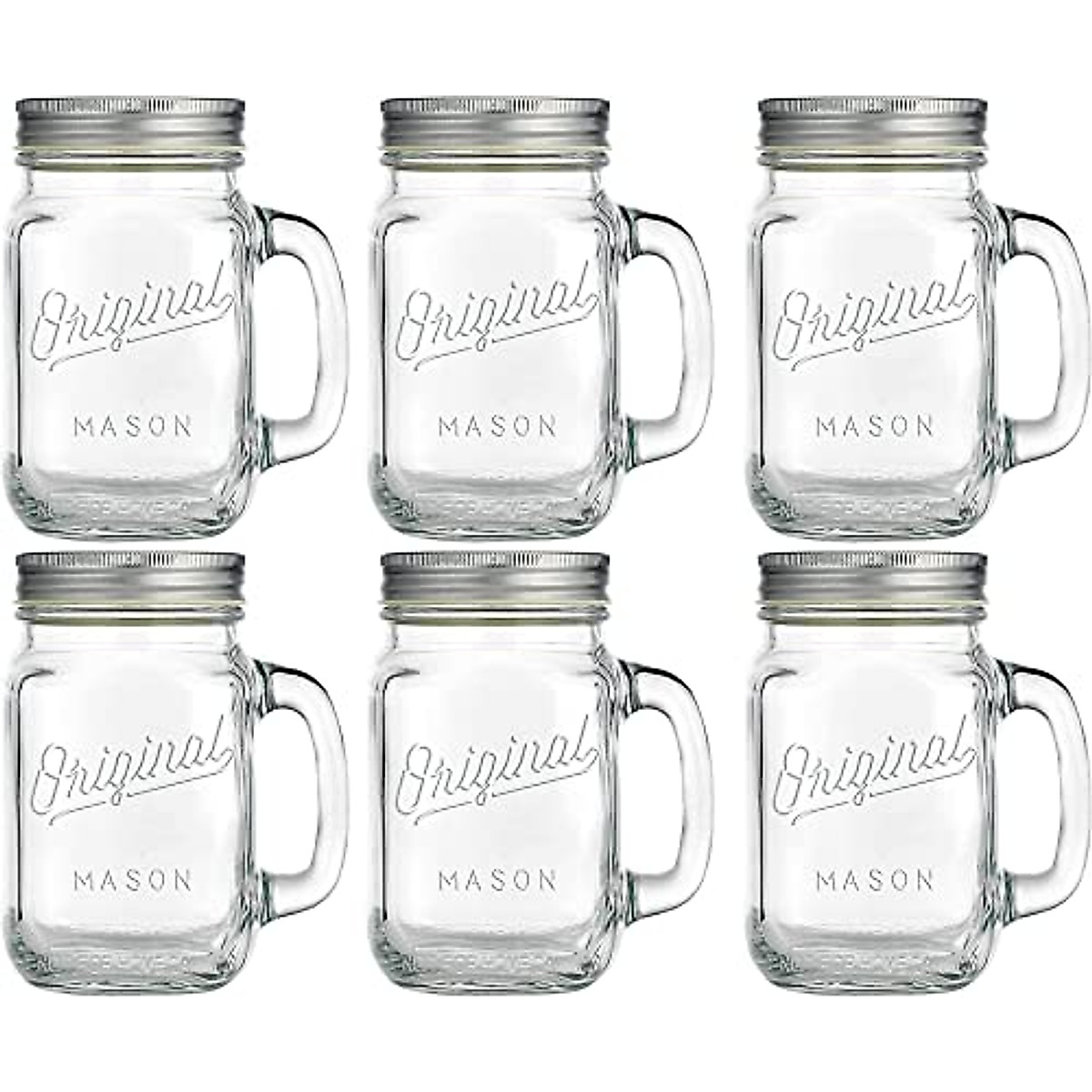 Glaver's Mason Jar 16 Oz. Glass Mugs with Handle and Lid Set Of 6 Old Fashioned Drinking Glass Bottles Original Mason Jar Pint Sized Cup Set.