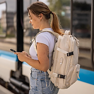 (Not Made In China) Travel Backpack For Men and Women, Airline Approved Carry On Bag w/Shoe Compartment, Holds 15.6" Laptop Computer, USB Charging Port (Amerigo, Beige,1 Pack)