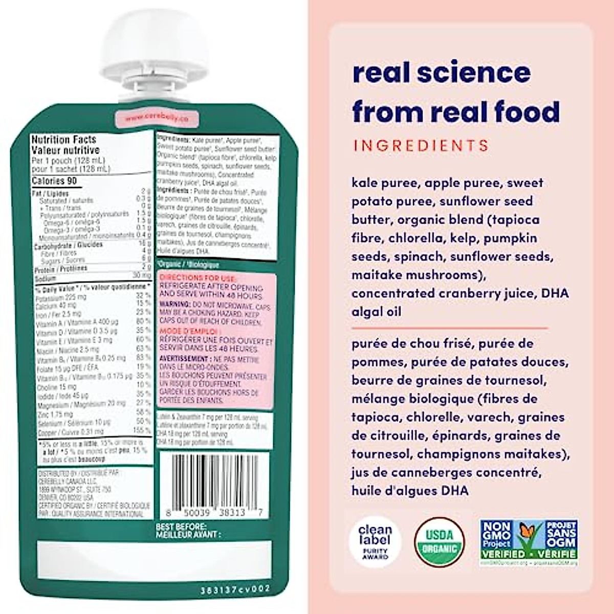 Cerebelly Organic Baby Food Pouches Kale Sweet Potato Apple (4 Ounce, 6 Count) - Toddler Snacks - 16 Brain-supporting Nutrients from Superfoods - Healthy Snacks, Gluten-Free, BPA-Free, No Added Sugar