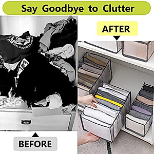 6 Pcs Extra large Drawer Organizers For Clothing,7 Gird Washable Wardrobe Clothes Organizer For Mesh Foldable Closet Dividers Nylon Fabric Storage Box for jeans,underwears,Leggings,pants,socks(Gray)