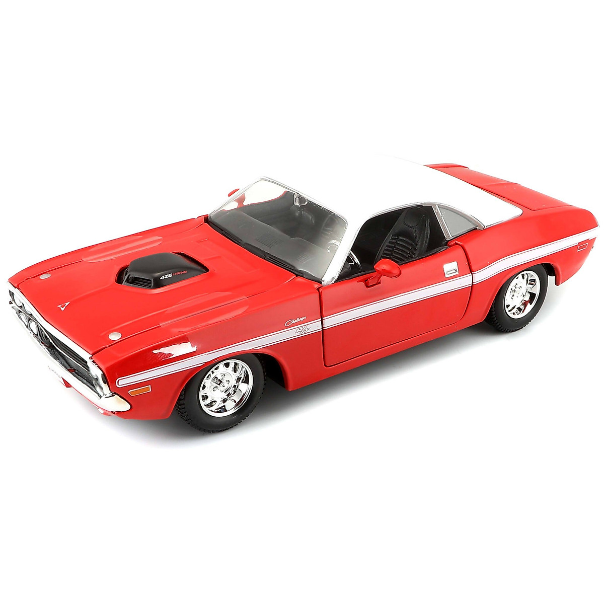 1970 Dodge Challenger R/T Coupe Red with White Top and White Stripes 1/24 Diecast Model Car by Maisto