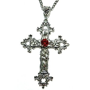 Large Gothic Cross Necklace silver-tone pendant on 24" steel chain with RED stone
