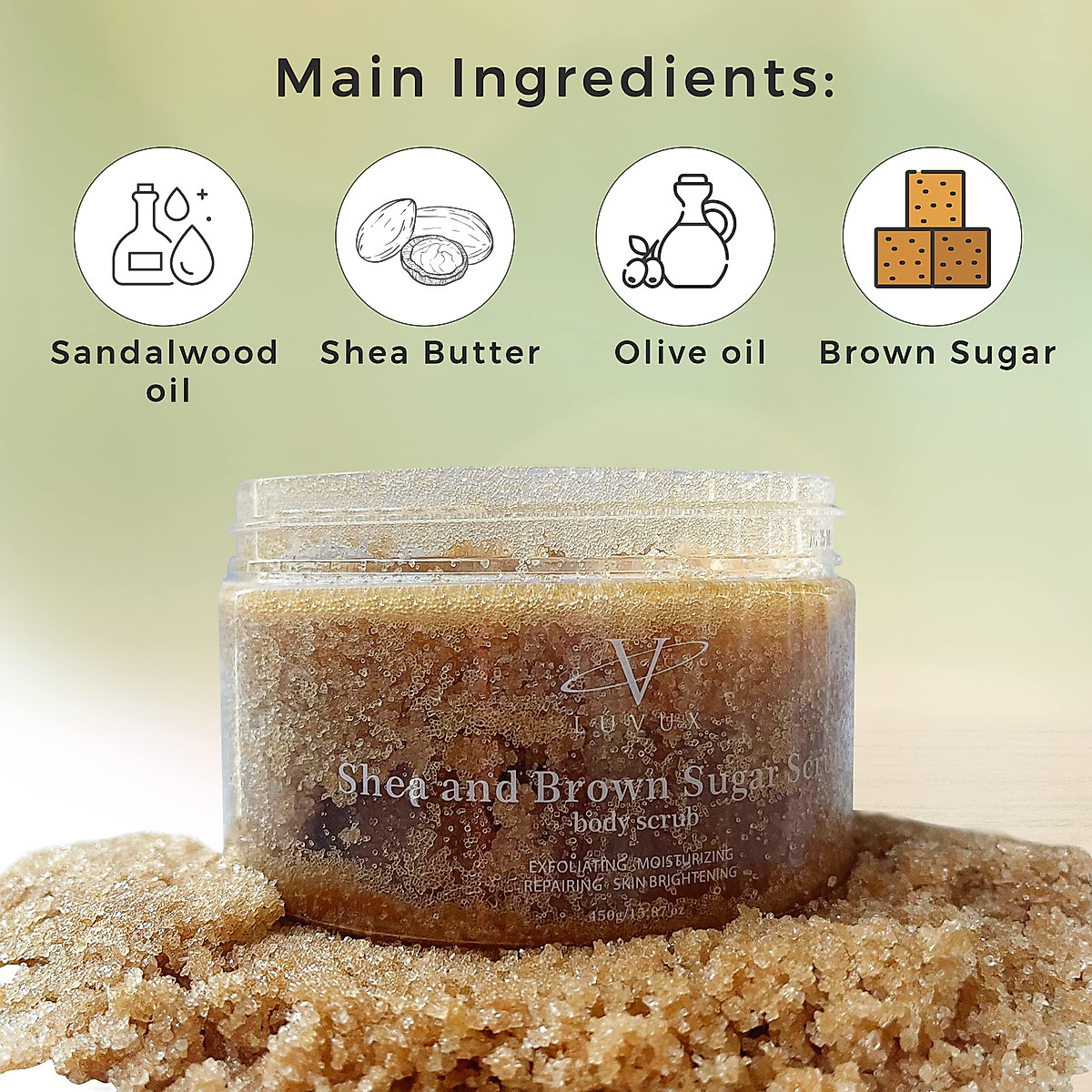 LUVUX Shea Brown Sugar Scrub - Exfoliating Body Scrub for Healthy, Silky, and Instant Glowing Skin – Fights Acne Scars, Stretch Marks, and Wrinkles - Natural Moisturizer and Soothing Texture - 15.84 Oz - Sandalwood Oil Scent