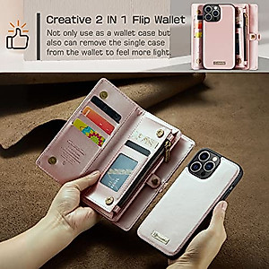 CASEME for iPhone 14 Pro Max Case Wallet Case Cover for Women Men Durable 2 in 1 Detachable Premium Leather with 8 Card Holder Slot Magnetic Zipper Pouch Flip Lanyard Strap Wristlet 6.7 Inch Rose Gold