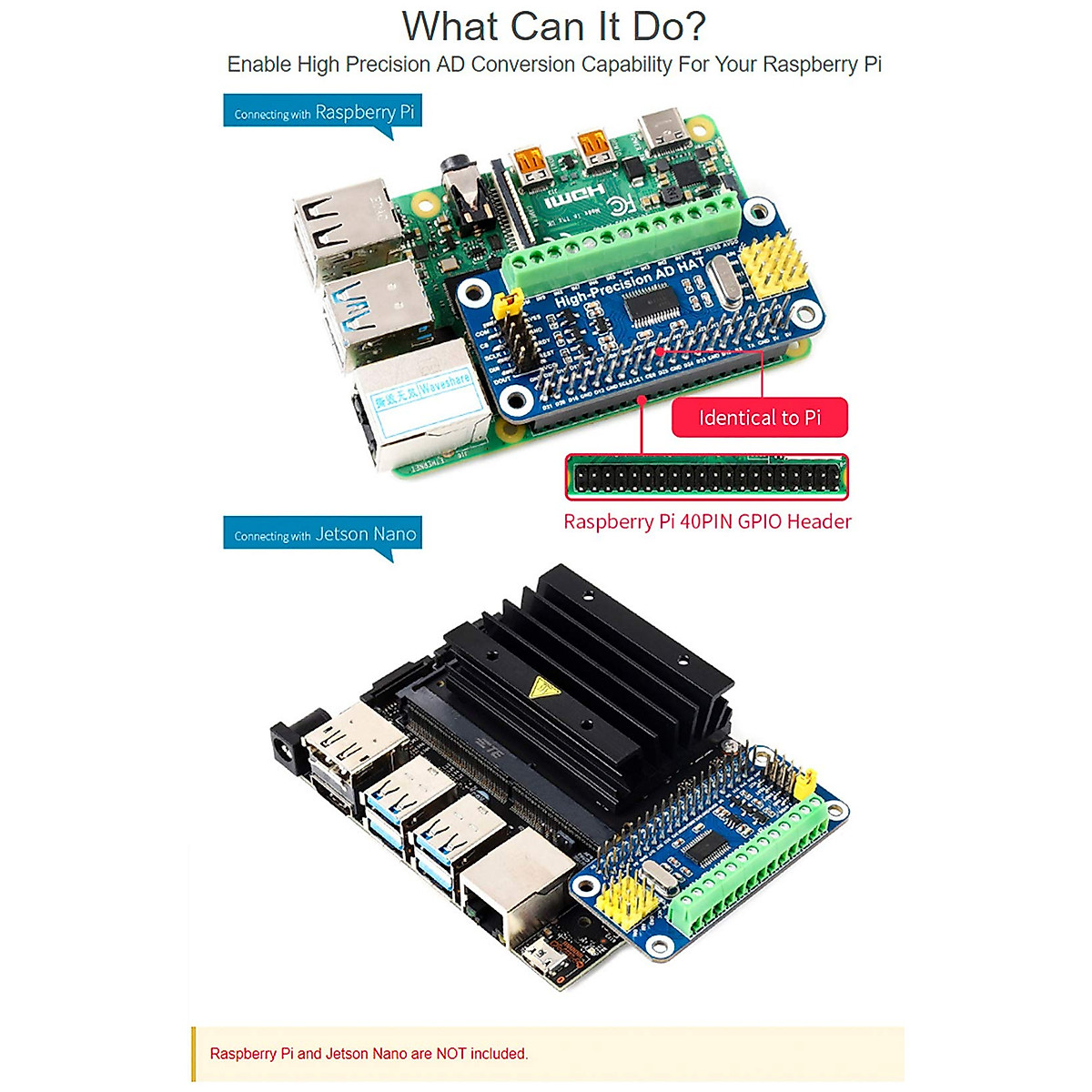 High-Precision AD HAT ADS1263 10-Channel 32-Bit ADC SPI Bus Low Noise Low Temperature Drift,for Raspberry Pi 4B/3B+/3B/2B/Zero/Zero W/Zero WH/2W and Jetson Nano