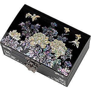 February Mountain Mother of Pearl Small Jewelry Box with mirror lid, Jewelry Storage Organizer for Earring, Necklace, Rings, Bracelet & Accessories Gift ideas for women who have everything (Black)