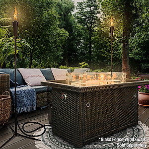 Outland Living Series 403 Brown 44-Inch Outdoor Propane Gas Fire Pit Table, Black Tempered Tabletop w/Arctic Ice Glass Rocks and Resin Wicker Panels (Espresso Brown/2-Pack 20 LB Tonga Torch)