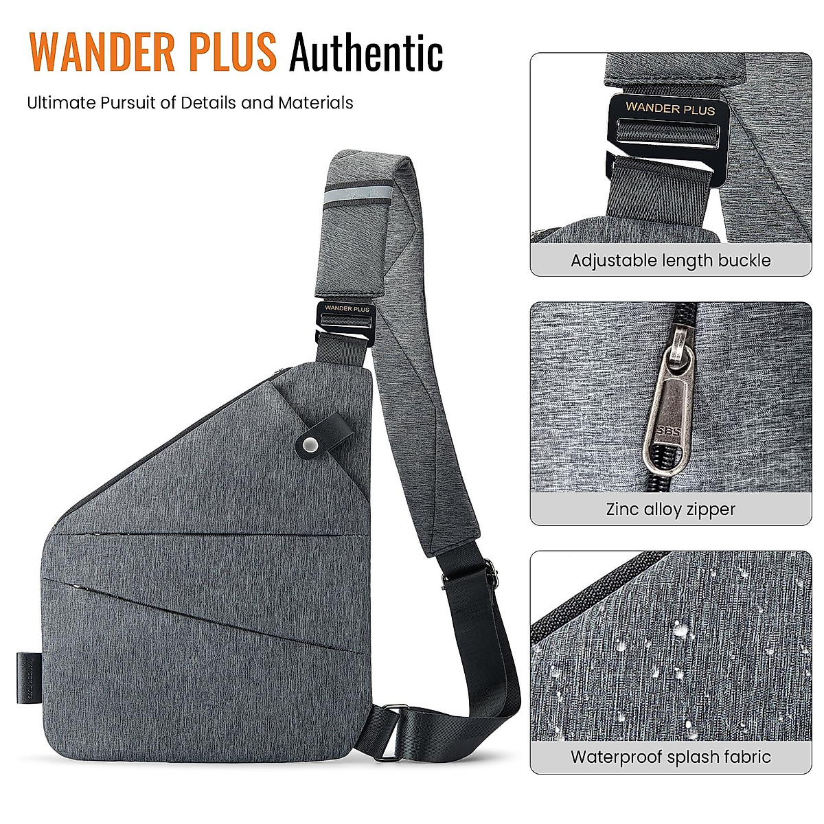 WANDER PLUS Anti Theft Crossbody Bag, Shoulder Bag Anti-theft Design for Travel, Sport, Work, Grey