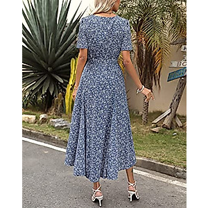 Maggeer 2023 Womens Casual Summer Dresses Short Sleeve Cute V Neck Ruffle Boho A Line High Low Flowy Swing Beach Modest Floral Maxi Dress with Pockets Dusty Blue XL