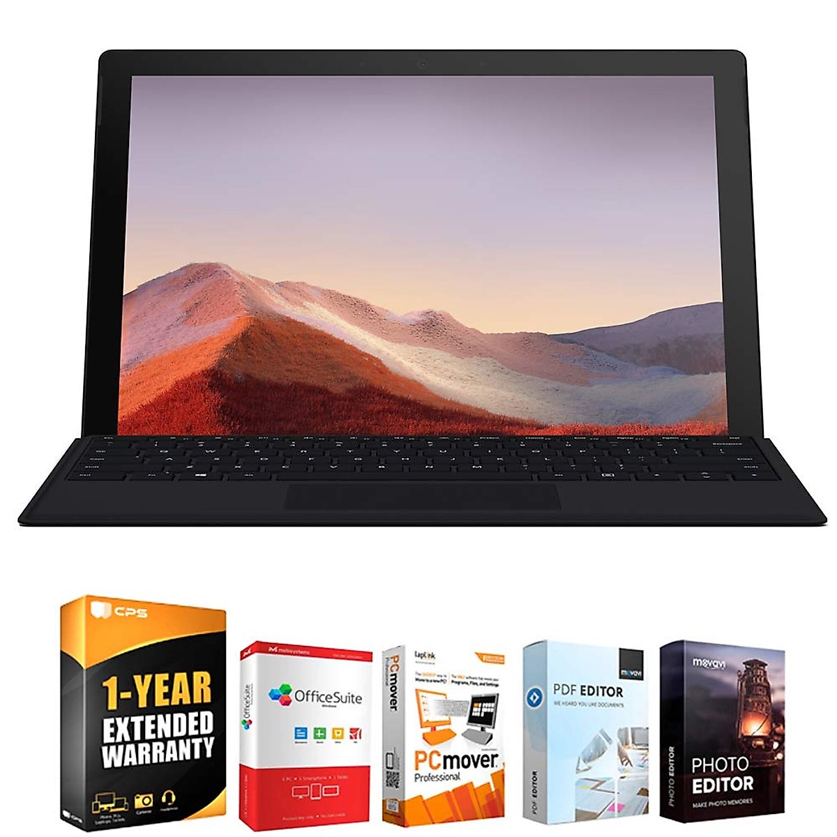 Microsoft QWV-00007 Surface Pro 7 12.3" Touch Intel i5-1035G4 8GB/256GB Black Bundle with Type Cover Keyboard + Elite Software Office Suite, Photo Editor, PDF Editor, PCmover +1YR CPS Protection Pack