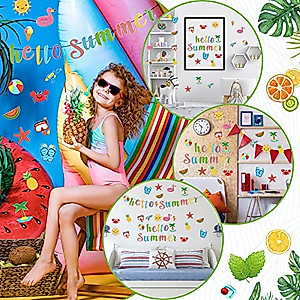 46 Pcs Hello Summer Cutouts Summer Bulletin Board Set Hawaii Ice Cream Watermelon Palm Tree DIY Paper Cutouts Wall Decals Beach Party Decorations for Classroom Kindergarten Party Supplies