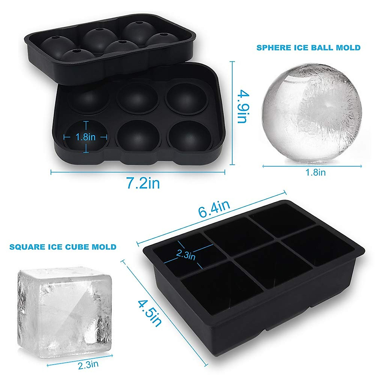Helpcook Ice Cube trays(set of 2), Silicone Sphere Ice Ball Maker with Lid and Large Square Ice Cube Molds for Whiskey Ice and Cocktails, Food Grade Silicone, Reusable and BPA-Free