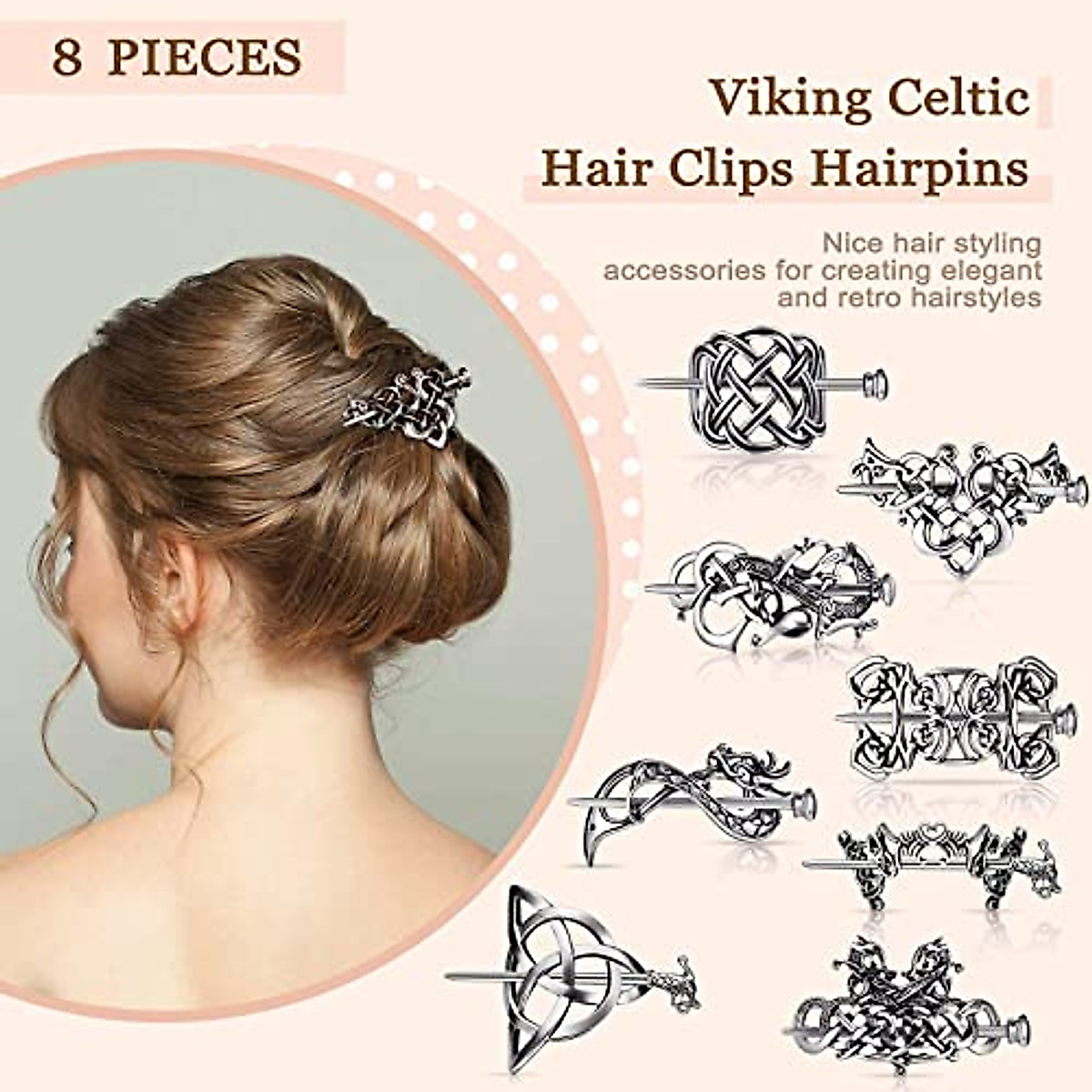 8 Pcs Viking Celtic Hair Clips Vintage, Silver Slide Hairpins Alloy Knot Hair Sticks Viking Metal Hair Barrette, Accessories for Girls Women Halloween Christmas Gift