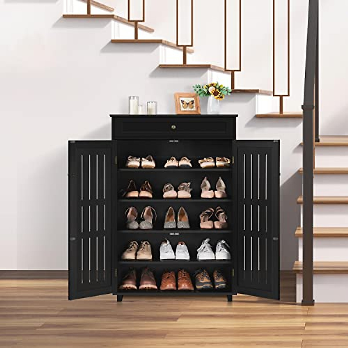 Yaheetech Shoe Cabinet, 5-Tier Shoe Rack Organizer with 1 Drawer, Freestanding Wooden Shoe Storage Cabinet with 2 Louvered Door & Adjustable Shelves for Entryway Hallway, Black