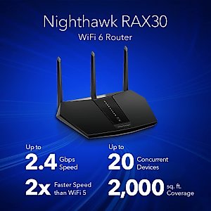 NETGEAR Nighthawk WiFi 6 Router (RAX30) 5-Stream Dual-Band Gigabit Router, AX2400 Wireless Speed (Up to 2.4 Gbps), Coverage Up to 2,000 sq.ft. and 20 Devices (Renewed)