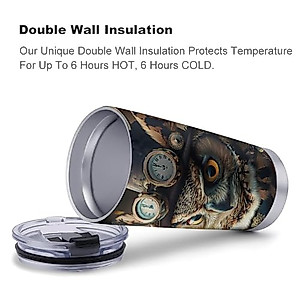 WNICELIN Steampunk Owl Retro Tumbler Insulated Travel Mug Stainless Steel Travel Tumbler Car Cup with Straw And Brush with Lid 20oz