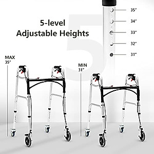 Goplus Walkers for Seniors, 4-in-1 Folding Walker with 5’’ Wheels, Detachable Seat, Height Adjustable Stand Up Walker, Medical Walking Mobility Aid, 350lbs Rolling Walker for Adult Bariatric Handicap