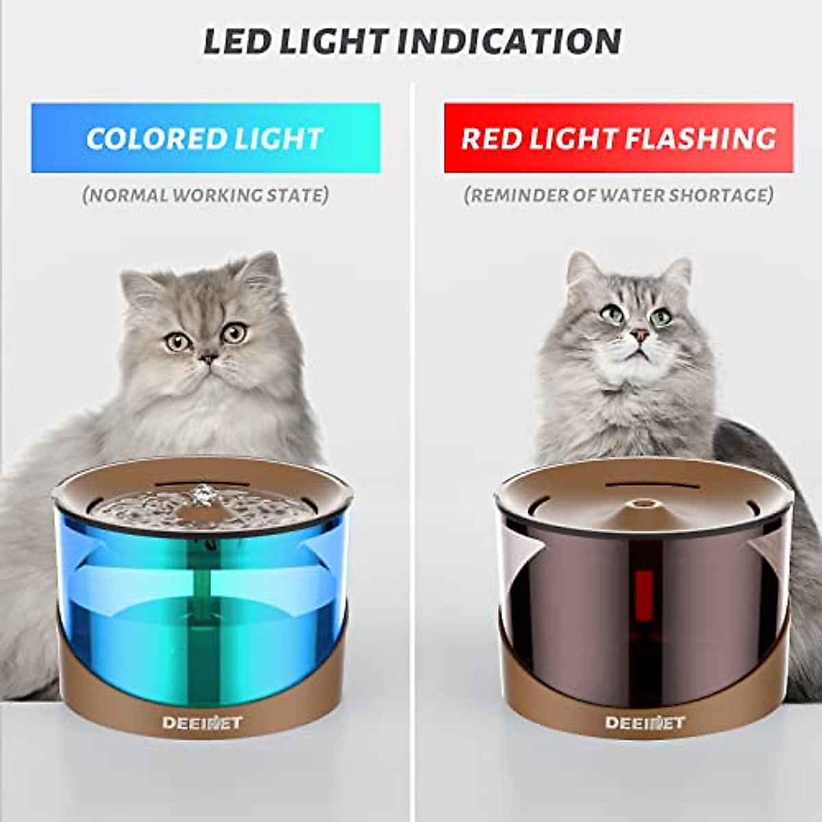 DEEIPET Cat Water Fountain, 2.2L/74oz Ultra Quiet Cat Fountain Water Bowl with Filter, Automatic Pet Water Fountain with an Adapter and Colorful LED Indicator, for Cats, Dogs, and Small Pets