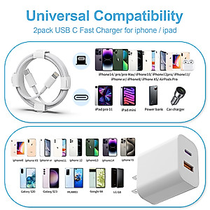 20W Dual Port Fast Charger Block 2-Pack with 6FT & 10FT MFi-Certified Cables, PD/QC3.0 Quick Charge Adapter for iPhone 14/13/12/11 Pro Max/XS/XR/X, iPad, AirPods Pro - Overheat & Surge Protection