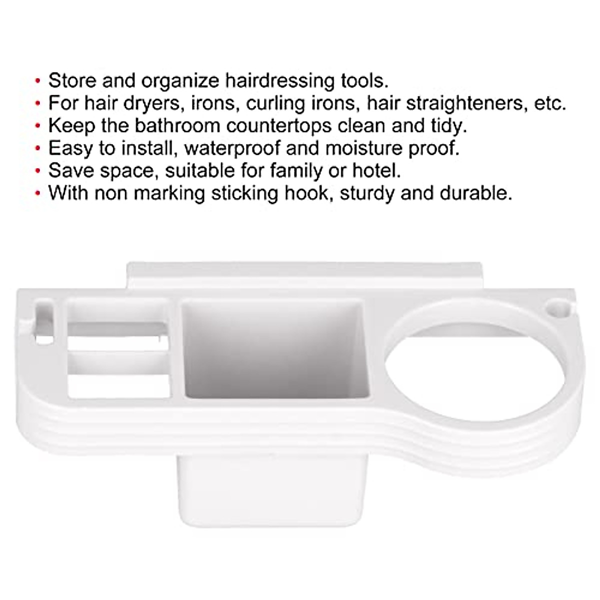 Adhesive Hair Dryer Holder, Wall Mounted No Drilling Plastic Bathroom Blow Drier Storage with Plug Hook, Hair Care Tools Organizer Basket with Cups for Curling Flat Straight Hot Iron(White)