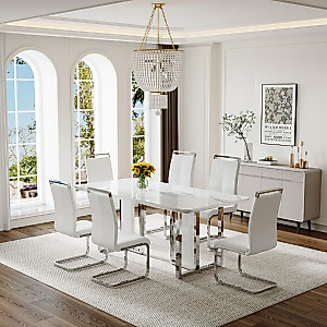Dining Table Set for 6,White Glossy Kitchen Table and Chairs,67" Marble Decals Kitchen Table Set 6 with PU Leather Dining Chairs,1.57" Thick MDF Wood Board Top with Chrome Plate Sliver Metal Base