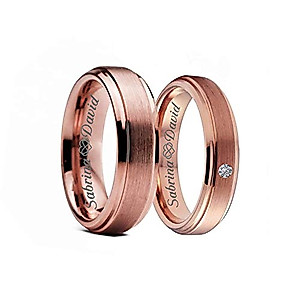 Personalized Rose Gold Tungsten Ring Set Custom Engraved Free - Couple's Ring Set - Wedding Band Set - Ships from USA