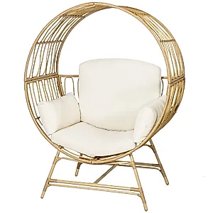 LHBcraft Wicker Round Egg Chair, Oversized Indoor Outdoor Lounger for Patio Living Room, w/ 4 Cushions, Steel Frame, 330lbs Capacity