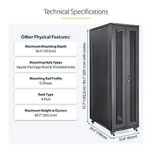 StarTech.com 4-Post 42U Server Rack Cabinet, 19" Data Rack Cabinet for IT Equipment Mount, Full Size Network Cabinet Storage