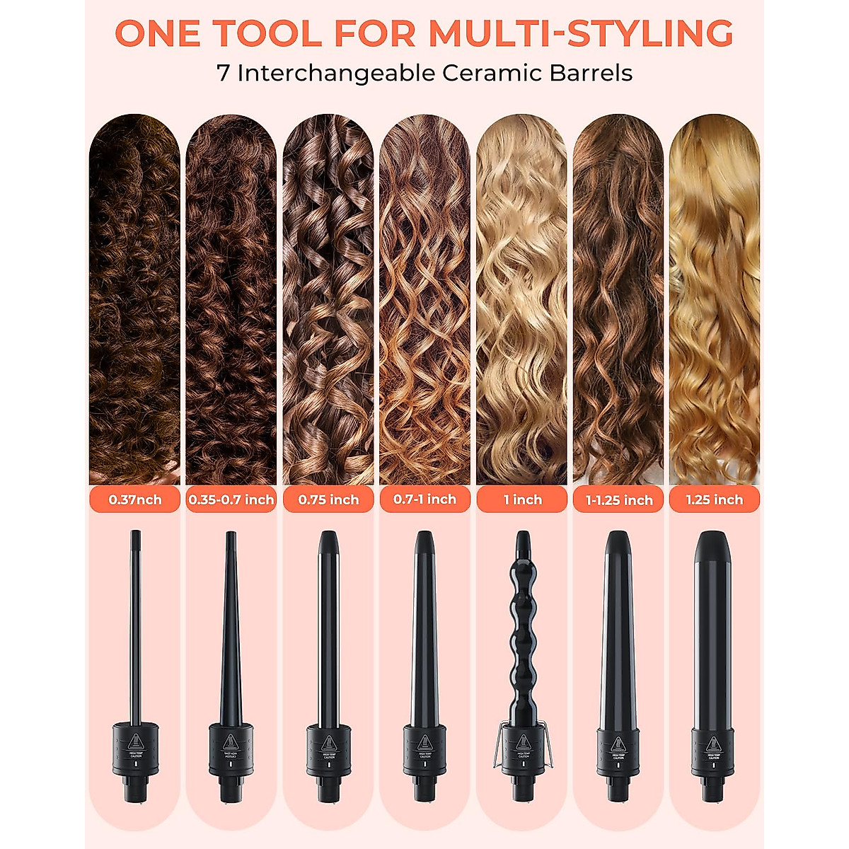 7 in 1 Curling Wand Set: Ohuhu Curling Iron Wand 7Pcs 0.35 to 1.25 Inch Interchangeable Ceramic Barrel Heat Protective Glove 2 Clips Dual Voltage Hair Curler for Girls Women Black