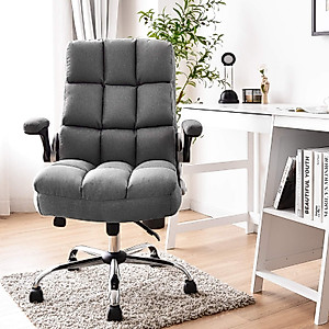 Giantex Executive Office Chair, Big and Tall Ergonomic Computer Chair, Adjustable Tilt Angle and Flip-up Armrest Linen Fabric Upholstered Chair with Thick Padding, High Back Managerial Chair (Grey)