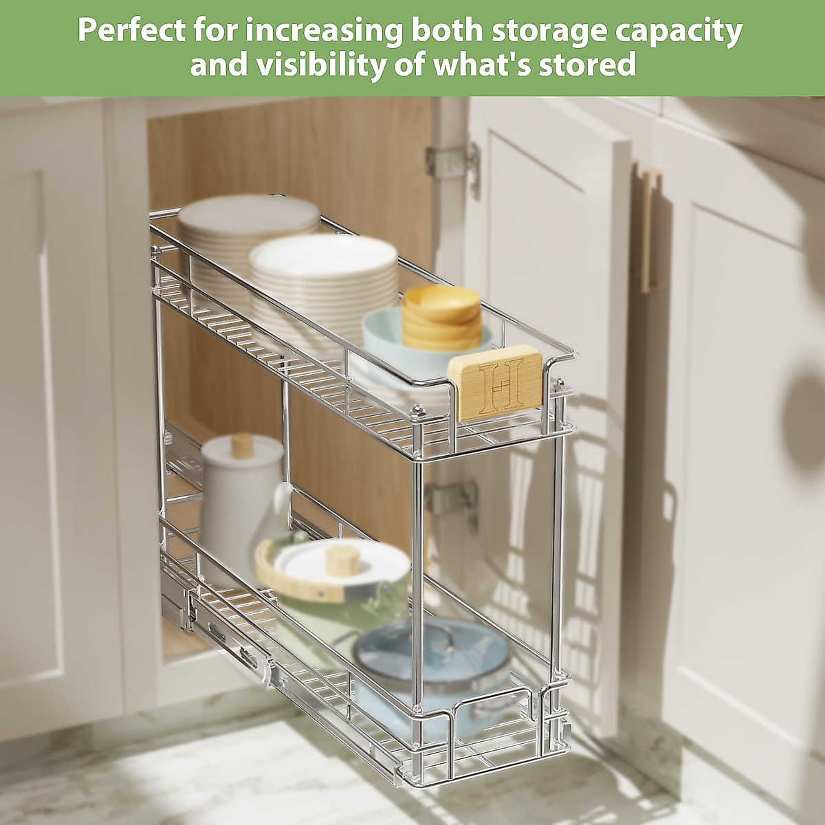 ROOMTEC Pull Out Cabinet Organizer With Wooden Handle 7½" W x 21½" D 2-Tier Cabinet Drawer Pull Out Shelves Under Cabinet Storage for Kitchen