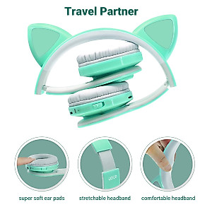 Woice Kids Bluetooth Headphones, Cat Ear LED Light Wireless Foldable Headphones Over Ear with Mic, Music Sharing Function and 0-85dB /110dB Limited for iPhone/iPad/Smartphones/Laptop/PC(Mint)