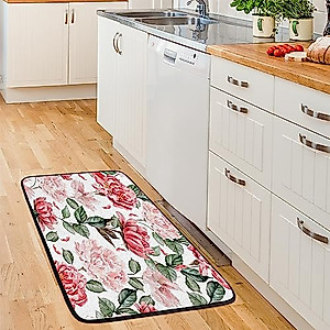 KOBLEN Red Peony Leaves Kitchen Rugs Non Slip Washable Absorbent Kitchen Mats 20x39 inch Cushioned Anti Fatigue Kitchen Floor Mats for in Front of Sink