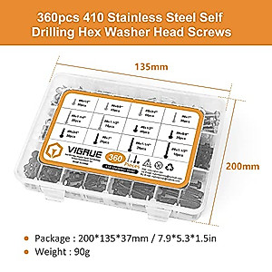 VIGRUE 410 Stainless Steel 360 Pieces Self Tapping TEK Screw Assortment, #8 Hex Washer Head Self Drilling Screws Full Thread Sheet Screw Kit for Metal