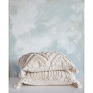 Creative Co-Op Woven Cotton Slub Lumbar Tufted Design and Tassels, Set of 2 Pillows, 24" L x 16" W x 0" H, Cream