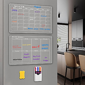 Amzone Acrylic Magnetic Calendar for Fridge 16"x12", 2 Set Monthly Weekly Dry Erase Board Planner for Refrigerator, Reusable Clear Calendar Includes Eraser and 6 Markers