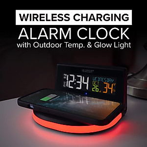 La Crosse Technology 617-84947-INT Wireless 5W Charging Alarm Clock with Glowing Base and Outdoor Sensor