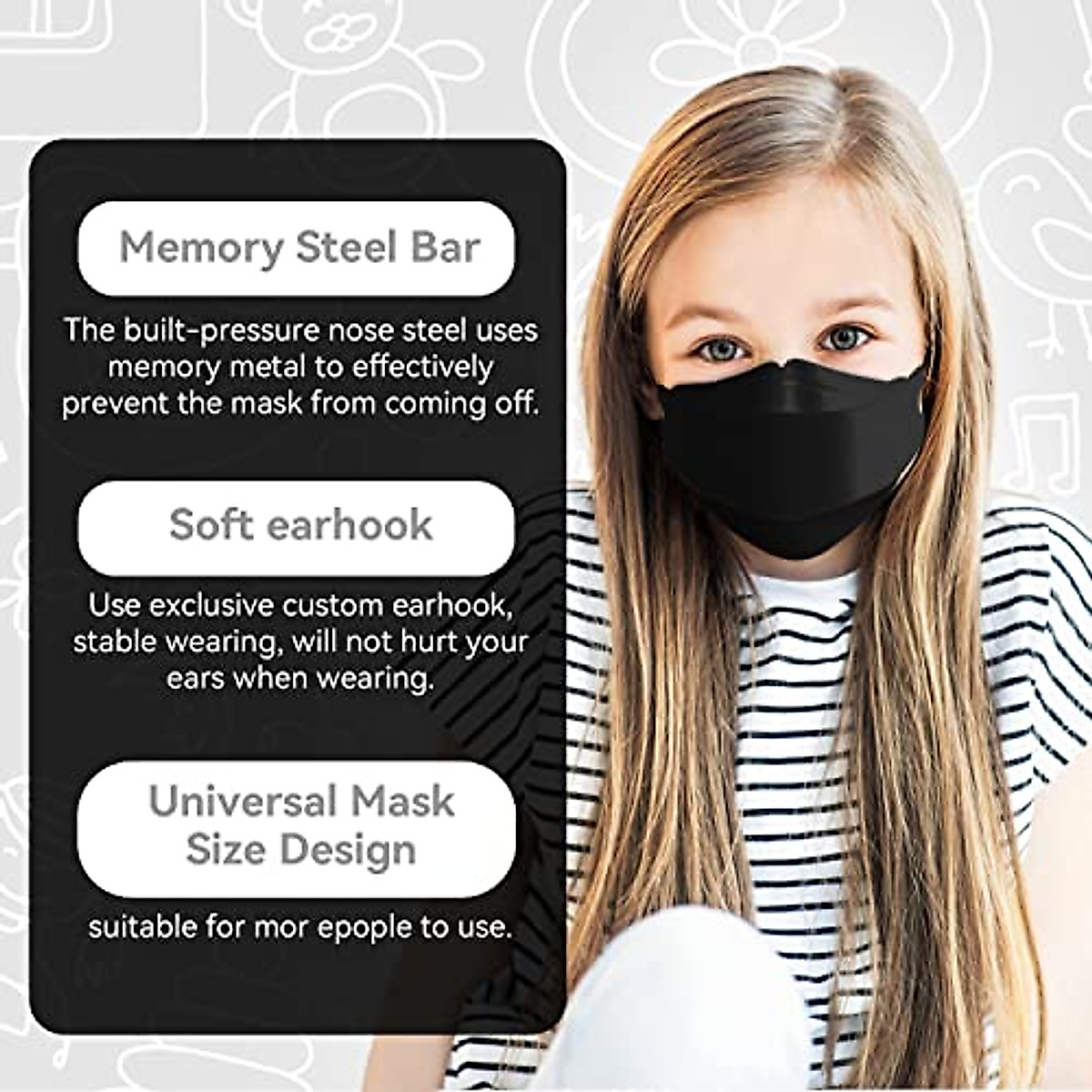 Keangs Kids Face Masks 50 Count (For Kids), Breathable Protective Disposable Mask Small Size for Kids, Black