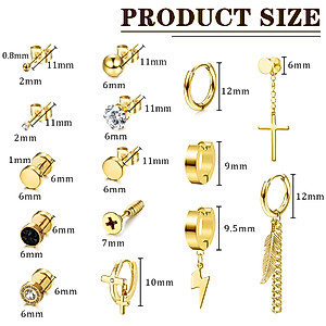 UBGICIG Earrings for Men 15Pairs Black Earrings Stainless Steel Stud Earrings Cross Dangle Hoop Men Earrings Set Fake Gauges Earrings for Women Men Piercing Jewelry Men's Earrings Set