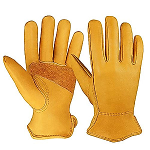 OZERO Flex Grip Leather Work Gloves Stretchable Wrist Tough Cowhide Working Glove 1 Pair (Gold, Large)