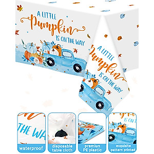Nefelibata 3Pcs Blue Pumpkin Baby Shower Tablecloths A Little Pumpkin is On The Way Plastic Table Cover Party Supplies for Fall Halloween Thanksgiving Boy Baby Shower Party Decor
