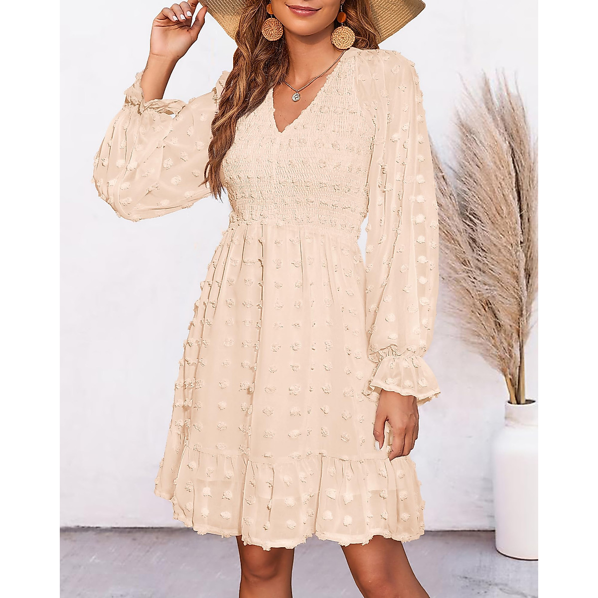 BTFBM Women V Neck Smocked Short Dress Long Sleeve Flowy Casual SwissDot Ruffle Mini Babydoll Spring Summer Dresses 2024(Solid Apricot, XX-Large)