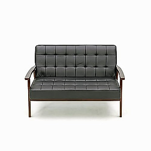 Panana 2 Seats Loveseat Sofa Couch Living Room Wood Frame Furniture, 2 Seater Sofa Armchair Two Seat Sofa Chair, Black Artificial Leather Upholstered Wooden Armrest Love Seats Small Sofa
