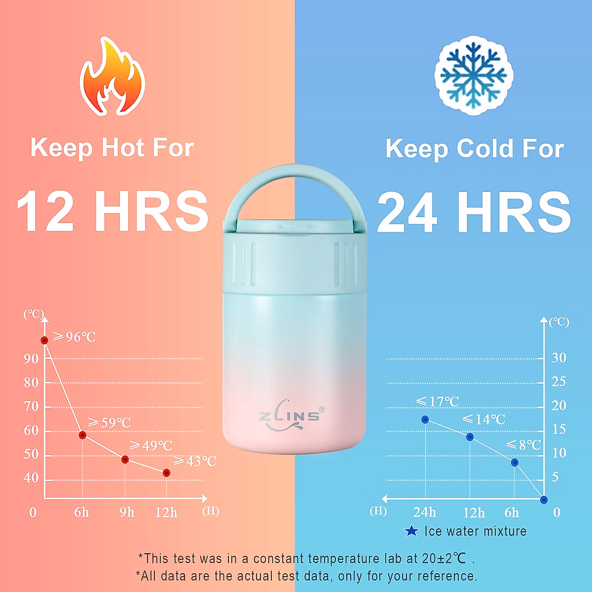 ZLINS Insulated Food Jar 13 oz, Foldable Spoon, Reusable Stainless Steel Lunch Thermos Container, Leak Proof Vacuum Lunch Storage for Soup Hot Cold, Smoothie Bowl with Handle Lid (Blush/Blue Ombre)