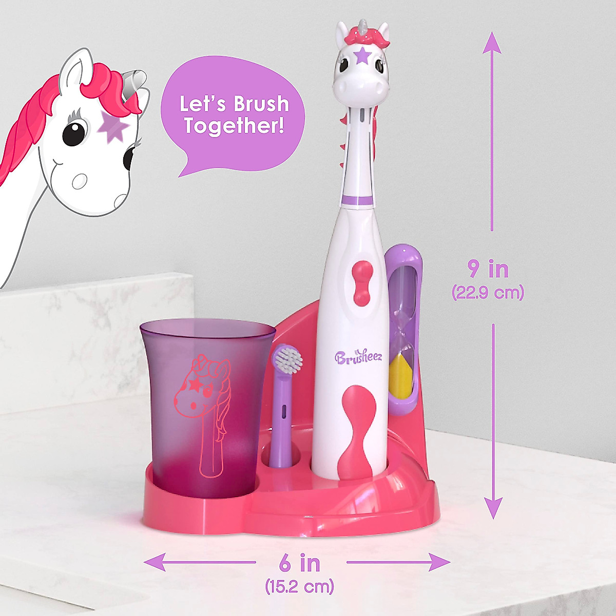 Brusheez Kids’ Electric Toothbrush Set - Safe & Effective for Ages 3+ - Parent Tested & Approved with Gentle Bristles, 2 Brush Heads, Rinse Cup, 2-Minute Timer, & Storage Base (Sparkle The Unicorn)