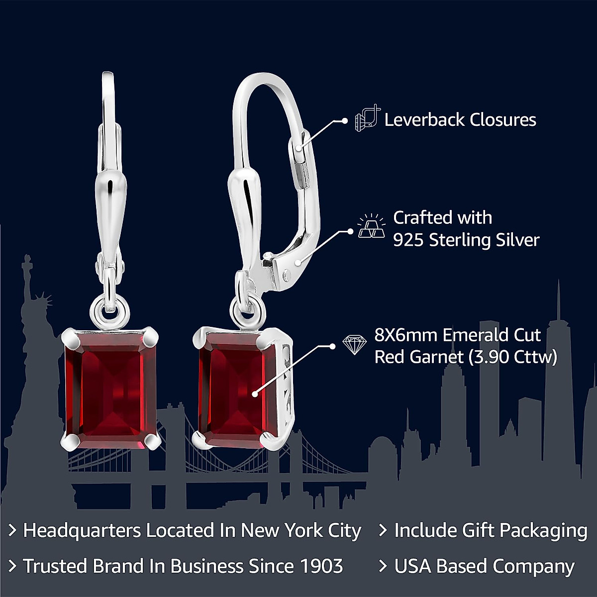 Gem Stone King 925 Sterling Silver 8X6MM Emerald Cut Gemstone Birthstone Leverback Drop Dangle Earrings For Women