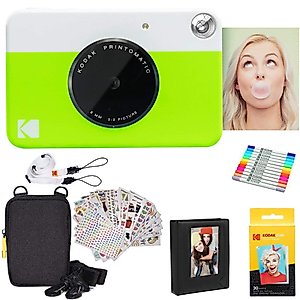 Kodak Printomatic Instant Camera (Green) Gift Bundle + Zink Paper (20 Sheets) + Deluxe Case + 7 Fun Sticker Sets + Twin Tip Markers + Photo Album.