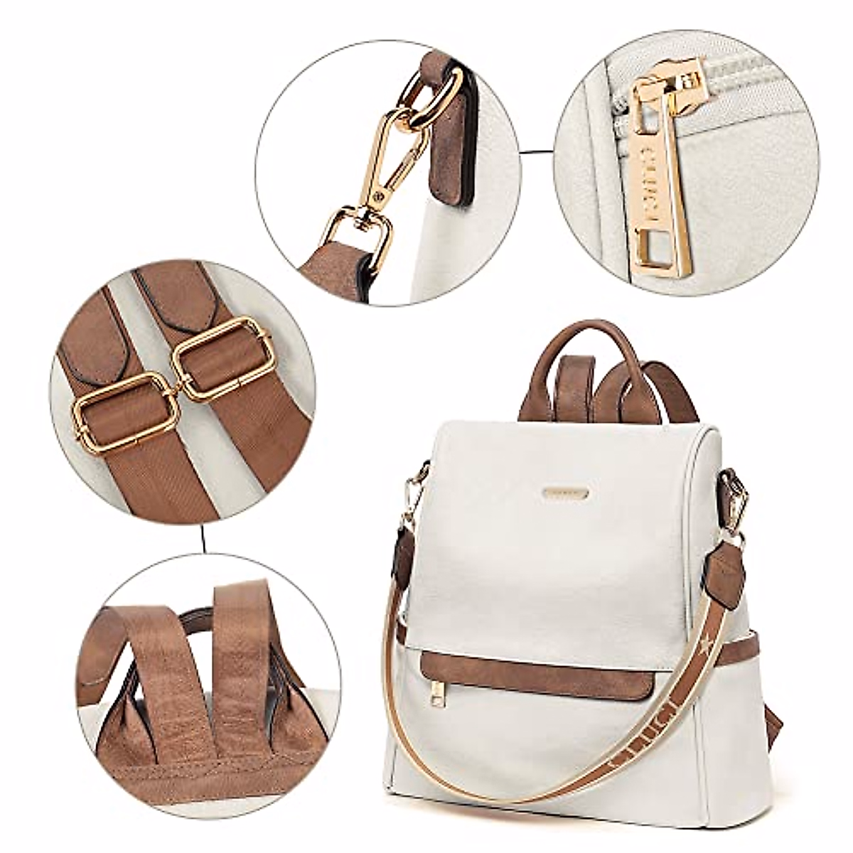 CLUCI Women Backpack Purse Fashion Leather Large Designer Travel Bag Ladies Shoulder Bags White with Brown