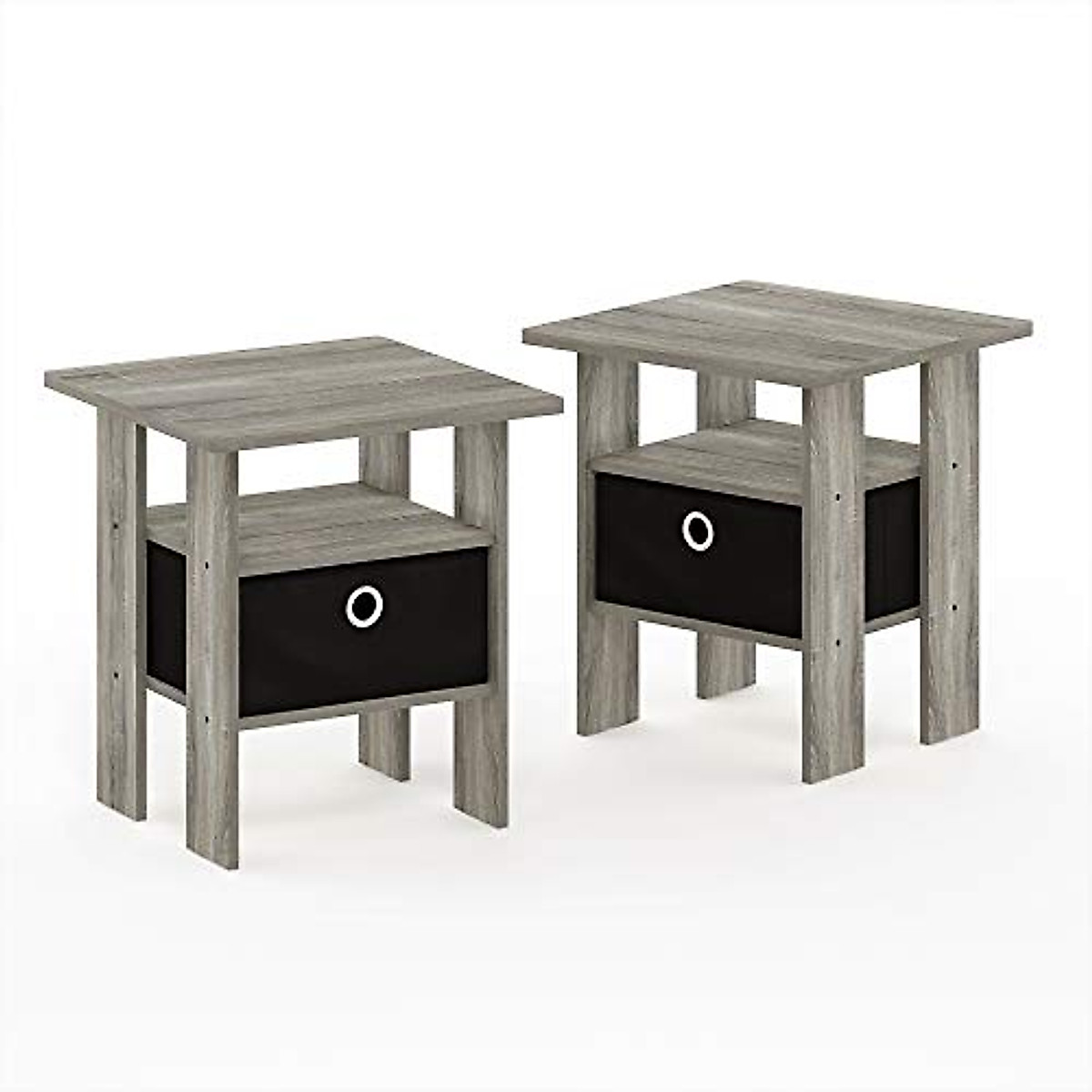 Furinno Andrey Set of 2 End Table/Side Table/Night Stand/Bedside Table with Bin Drawer, French Oak Grey & Simple Design Coffee Table, French Oak Grey/Black